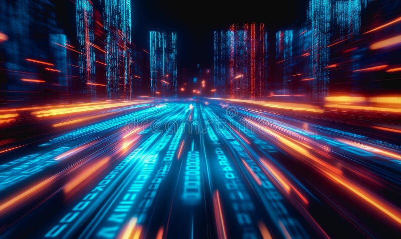 Flowing Glowing Binary Code in a Futuristic Digital Data Stream ...