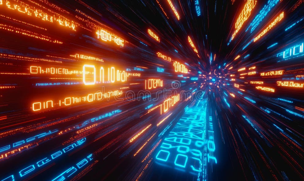 Flowing Glowing Binary Code in a Futuristic Digital Data Stream Environment Stock Image - Image ...
