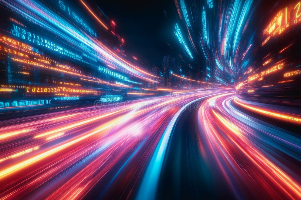 Flowing Glowing Binary Code in a Futuristic Digital Data Stream Environment Stock Photo - Image ...