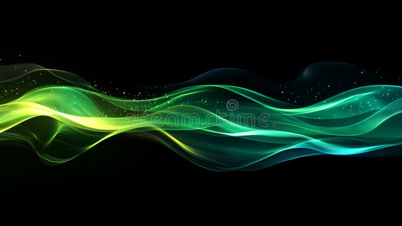 Flowing Green-blue Waves Undulating Across Dark Backdrop, Sparkling Particles Generating Dynamic ...