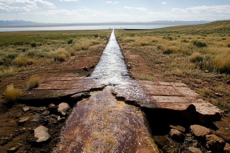 Flowing Irrigation Channel in Arid Landscape Reaching Distant Lake ...