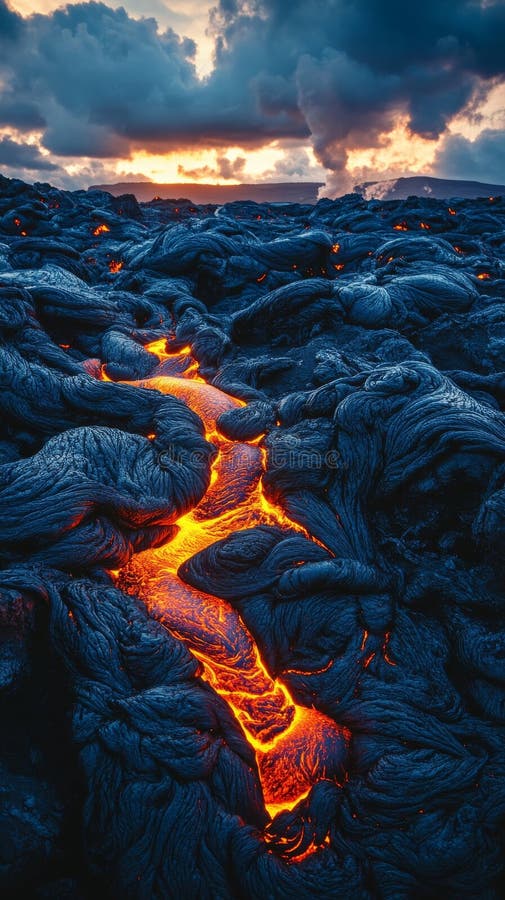 Flowing Lava on Volcanic Landscape at Sunset, Dramatic Nature Scene ...