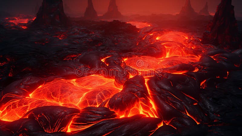 Flowing Magma Lava Field, Glowing Lava and Magma Flows Stock ...