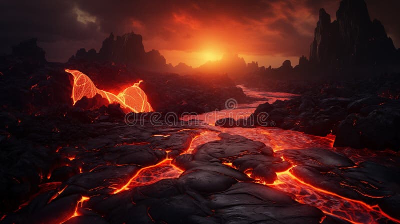Flowing Magma Lava Field, Glowing Lava and Magma Flows Stock ...