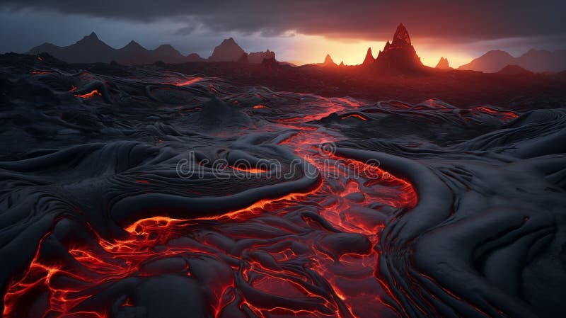 Flowing Magma Lava Field, Glowing Lava and Magma Flows Stock ...