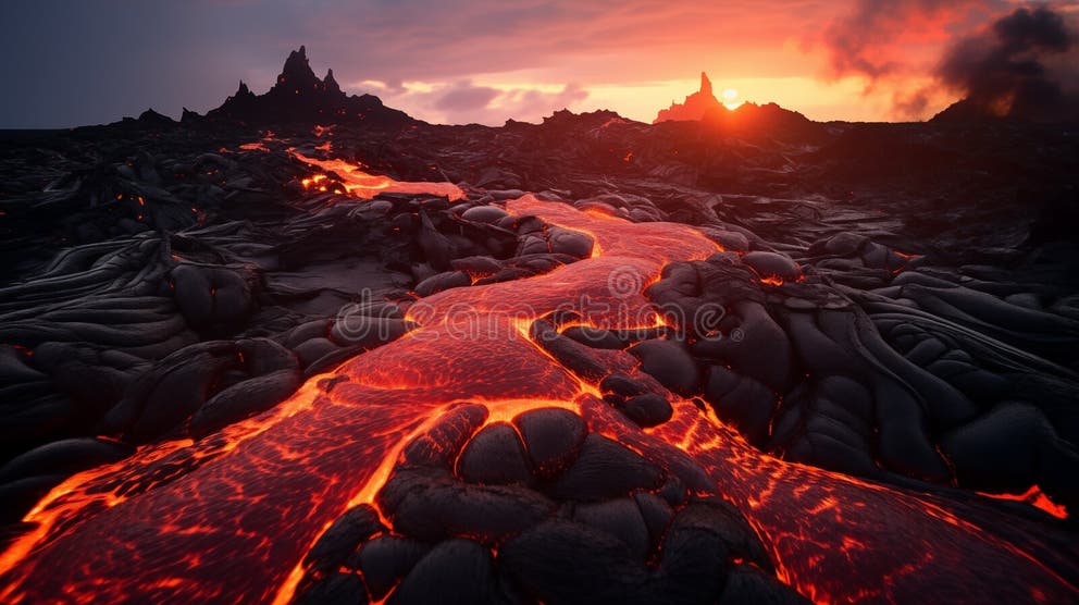 Flowing Magma Lava Field, Glowing Lava and Magma Flows Stock ...