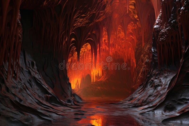 Flowing Molten Lava Inside a Volcanic Tube Cave Stock Illustration ...