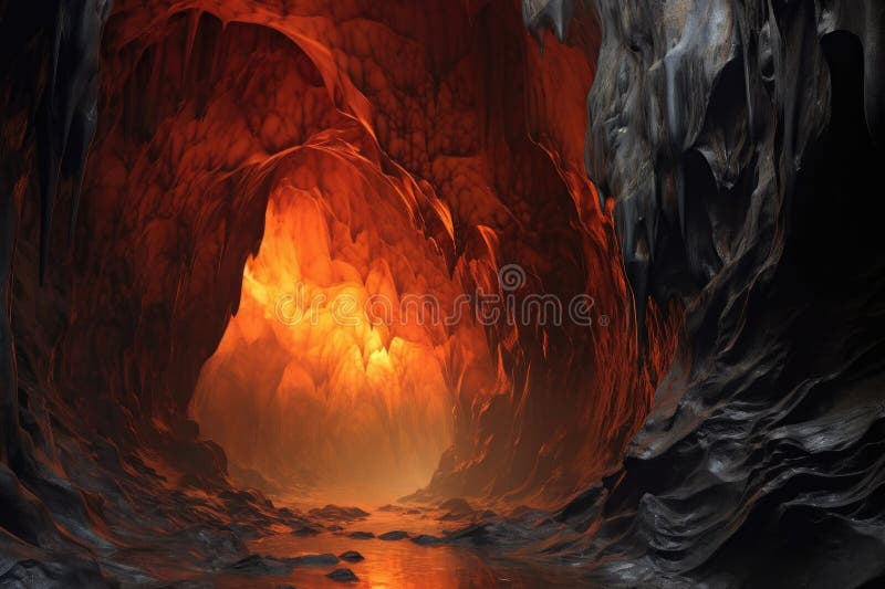 Flowing Molten Lava Inside a Volcanic Tube Cave Stock Illustration ...