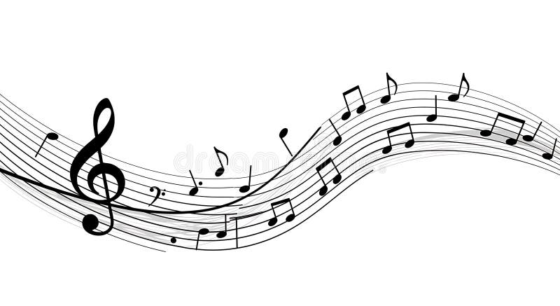 Flowing Musical Notes and a Treble Clef Curve Across a White Background ...