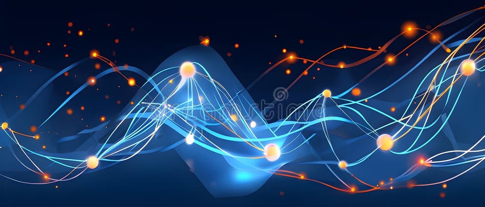 Flowing Neural Network With Glowing Nodes Connecting And Disconnecting Stock Illustration