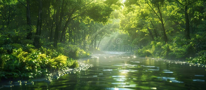 Flowing River in Lush Green Forest Stock Image - Image of woodlands ...
