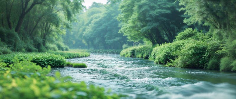 Flowing River with Lush Greenery Along the Banks Stock Image - Image of ...