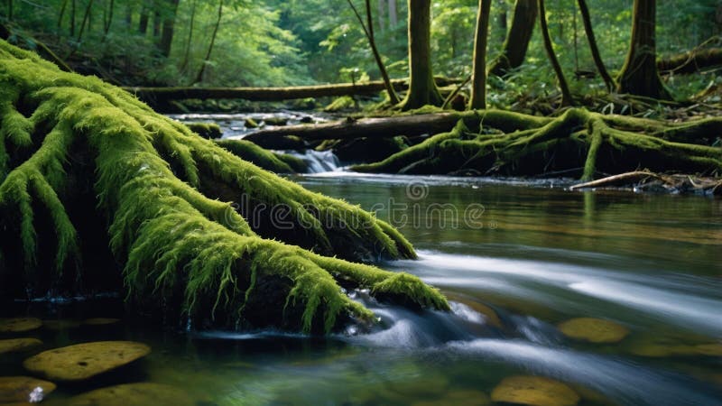 Serene Mossy Stream in Lush Green Forest, Tranquil Nature Scene Stock ...