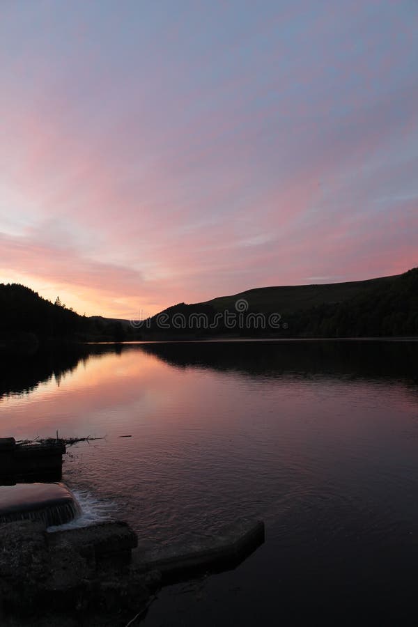 Flowing River Reservoir with Small Waterfall at Sunset.Peak District ...