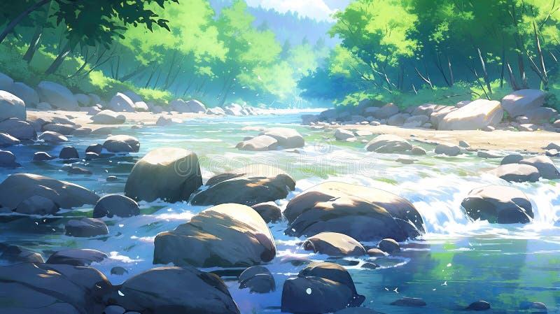 A Flowing River with Stones, Anime Artwork Stock Illustration ...