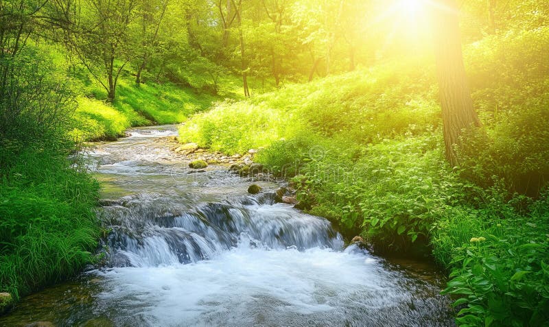 Flowing River Sunlight Forest Greenery Stock Image - Image of greenery ...