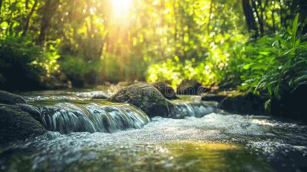 Flowing River Sunlight Forest Greenery Rocks Stock Image - Image of ...