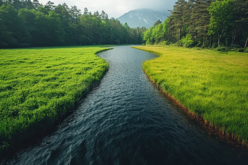 Flowing River Surrounded by Lush Green Fields and Forest Under a Cloudy ...