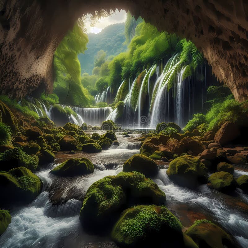 A Flowing River Under a Cave, with Cascading Waterfalls, Mossy Rocks ...