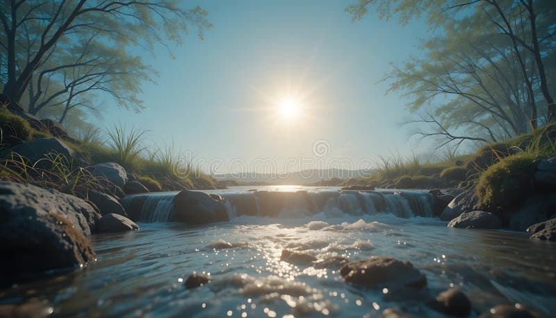Flowing River Water Cascading Over Rocks Under Bright Sunlight through ...