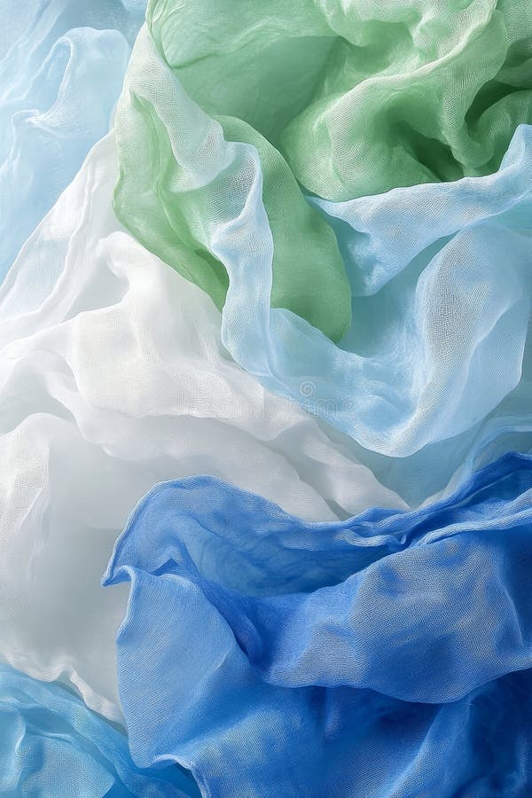 Flowing Soft Fabrics. Abstract Background with Blue, Green and White ...