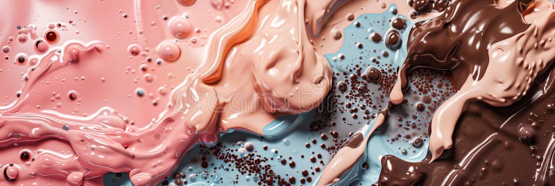 Flowing Streams of Chocolate and Strawberry Ice Cream with Bubble and ...
