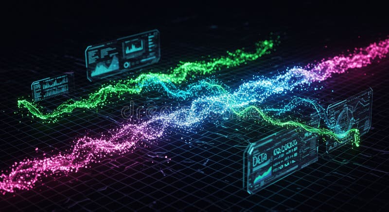 Flowing Streams of Green, Blue, and Pink Particles Wave Across a Grid ...