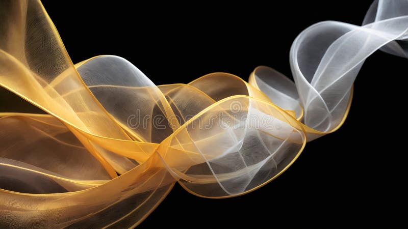Flowing Translucent Ribbons in Gold and White on a Black Background ...