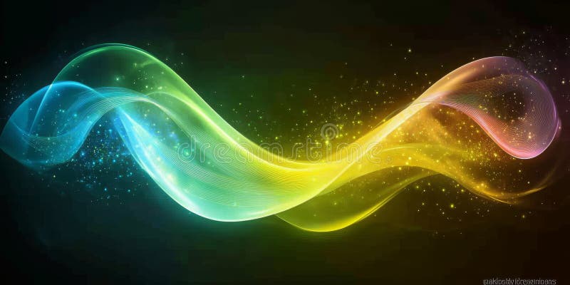 Flowing Turquoise and Lime Green Light Ribbon on Dark Background with Particles, Vector ...