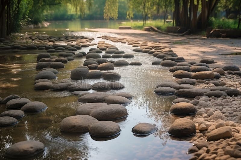 Flowing Water Over Smooth Pebbles and Stepping Stones in the Park Stock ...