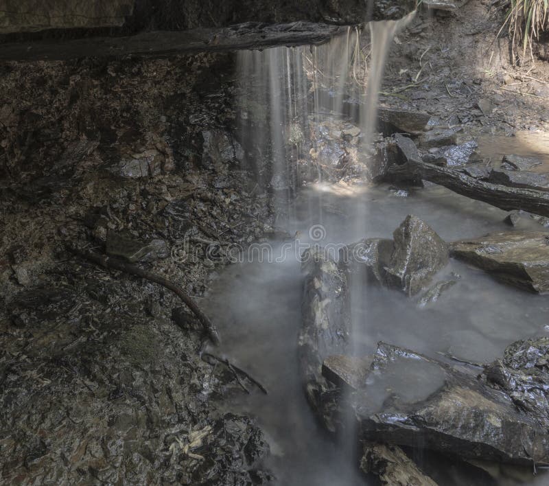 A Flowing Waterfall from Behind a Rock Ledge into a Pool of Water Stock ...