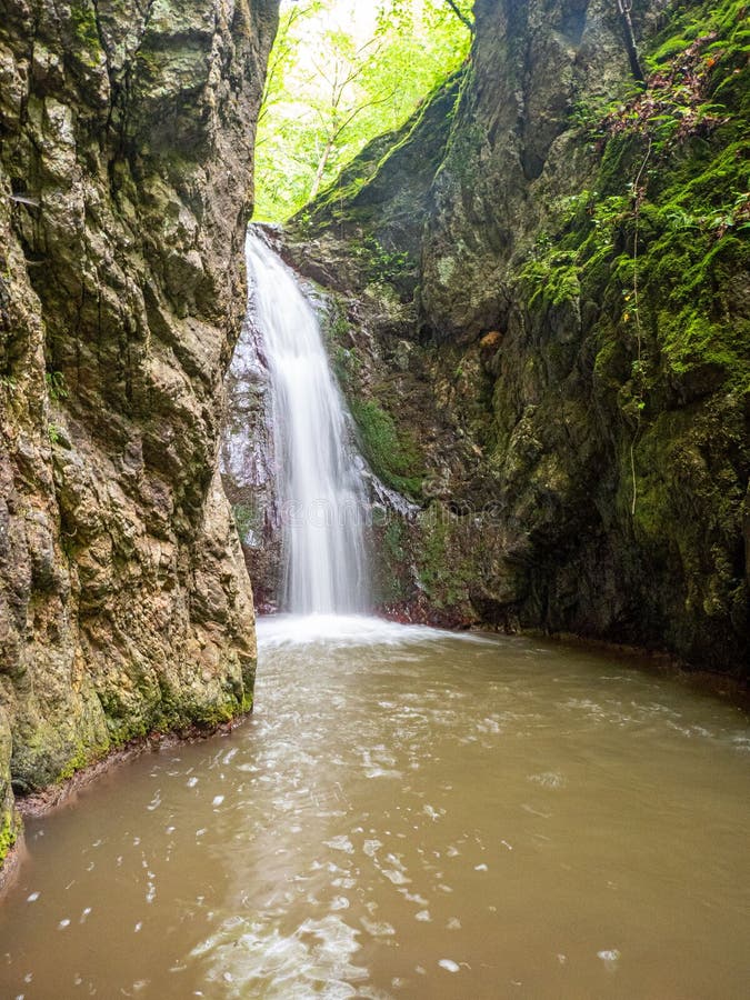 Flowing Waterfall Falling from Rocks Surrounded by Cliffs Stock Photo ...