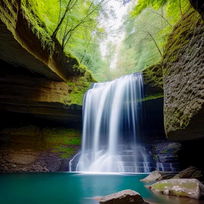 Flowing Waterfall Scene stock illustration. Illustration of flow ...