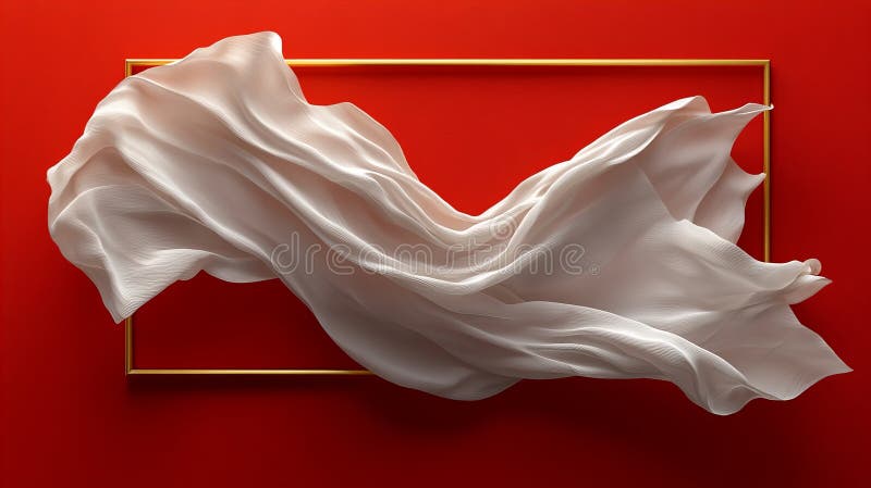 Flowing White Fabric Sculpture with Gold Frame Against Red Background ...