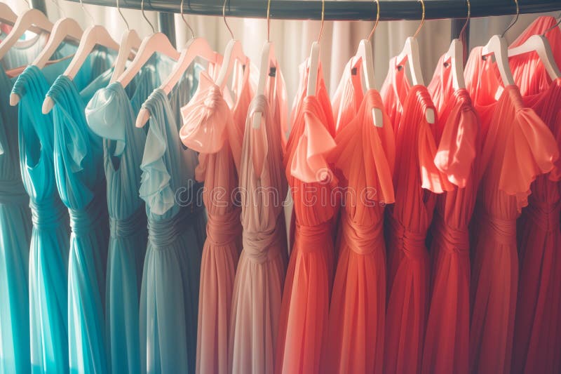 Flowy Chiffon Evening Dresses Neatly Organized on a Circular Rack Stock ...