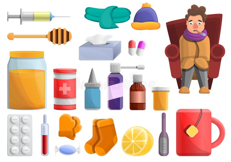 Flu Icons Set, Cartoon Style Stock Vector - Illustration of health ...