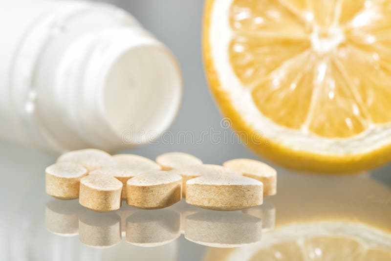 Vitamin C Tablets, Bottle and Lemon Stock Photo - Image of chemicals ...