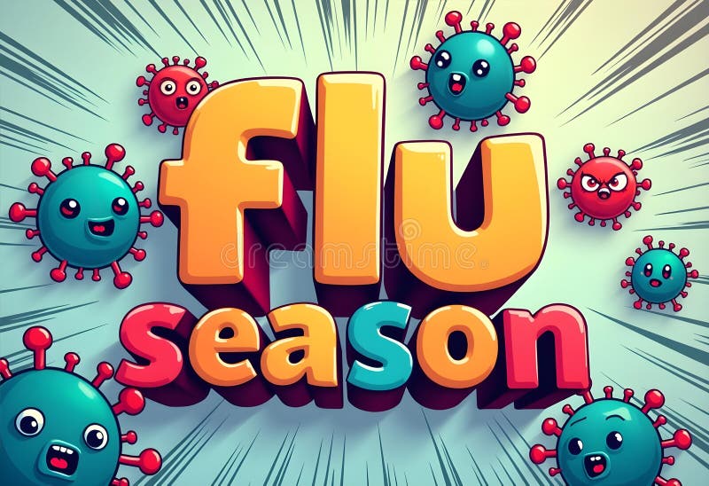 Flu Season Funny Comic Style 3D Text about Virus Prevention Cough and ...