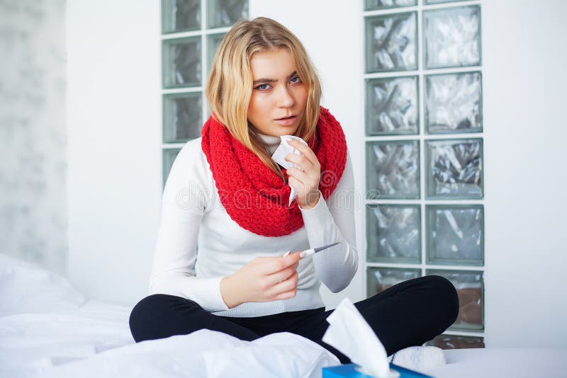 Flu and Sick Woman. Sick Woman Using Paper Tissue, Head Cold Problem ...