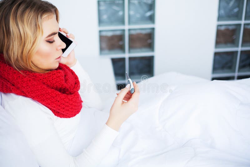 Flu. Woman Suffering from Cold Lying in Bed Stock Photo - Image of ...