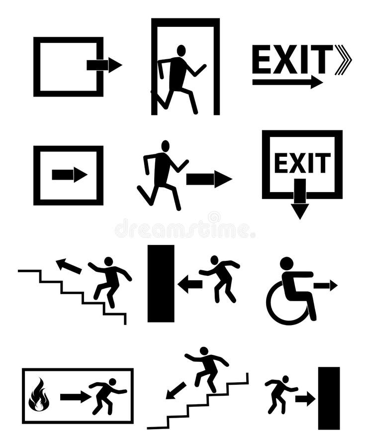 Satz von Fluchtweg Zeichen stock abbildung. Illustration von ...