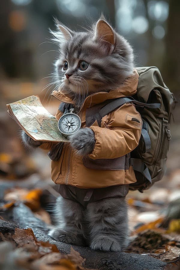 Adventurous Cat Exploring the Forest with a Map and Compass. Generative ...