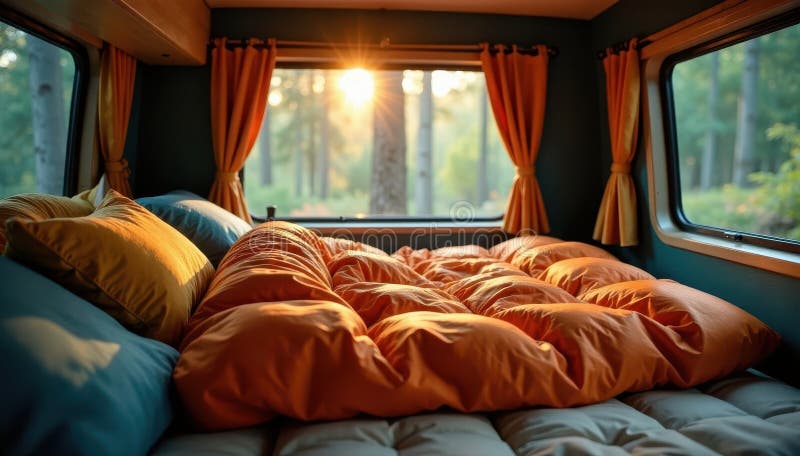Fluffed Sleeping Bag in Campervan Interior, Forest Backdrop , Trees, Wilderness Stock ...