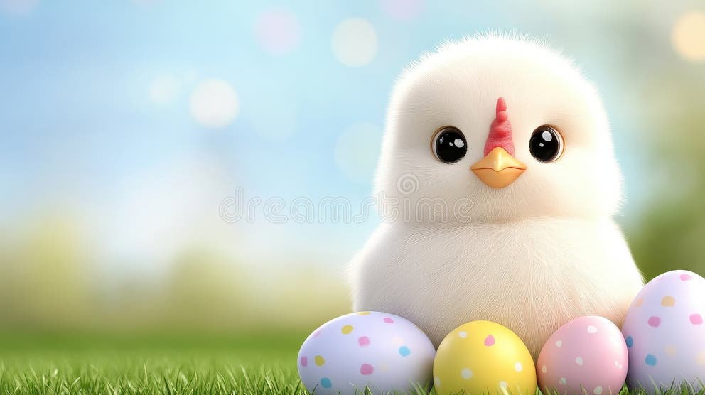 A Fluffy, Adorable Chick Sitting on a Patch of Grass Next To Pastel ...
