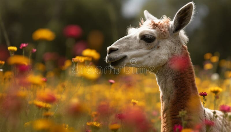 Fluffy Alpaca Grazes in Lush Green Meadow Generated by AI Stock ...