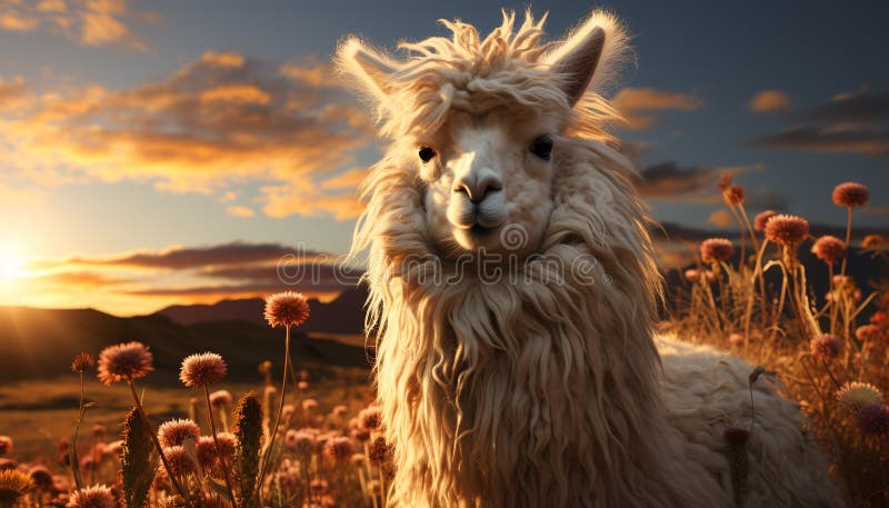 Fluffy Alpaca Grazing on a Meadow, Looking at Camera, Smiling Generated ...