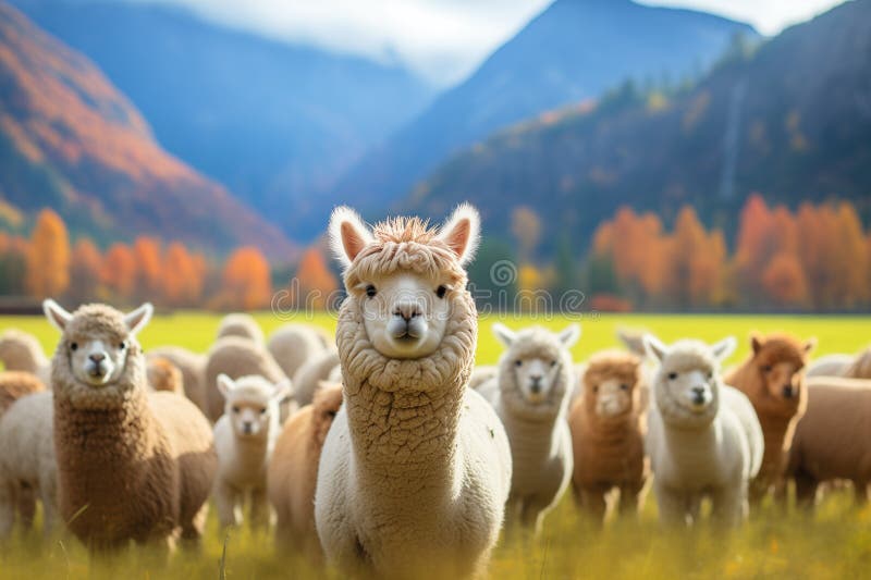 Fluffy Alpaca Herd with Mountain Backdrop Stock Photo - Image of fauna ...