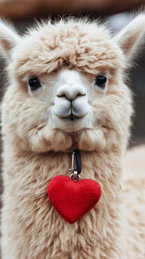 Fluffy Alpaca with a Red Heart Pendant Around Its Neck Digital Stock ...