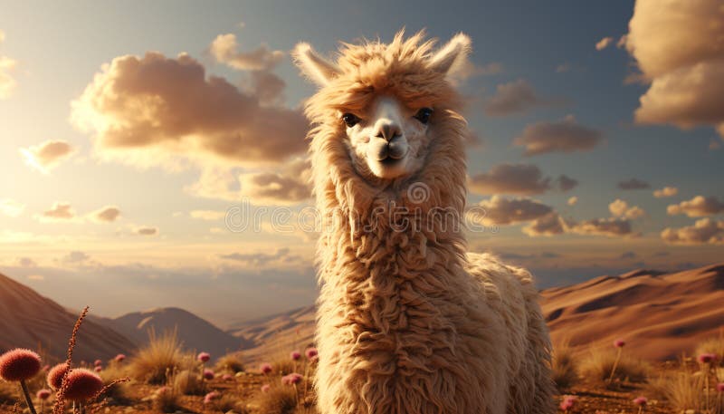 Fluffy Alpaca in the Sunset, Grazing on a Mountain Pasture Generated by ...