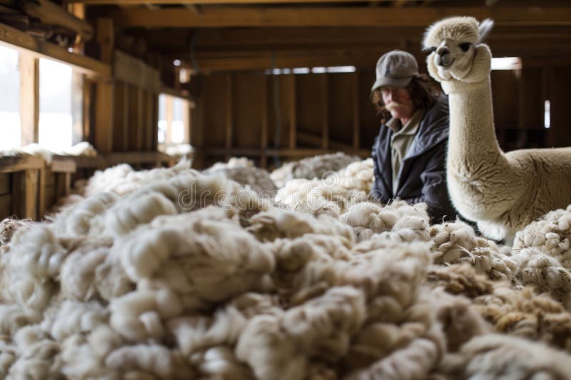 Fluffy Alpaca Wool Piled Up in a Barn with a Farmer Stock Image - Image ...
